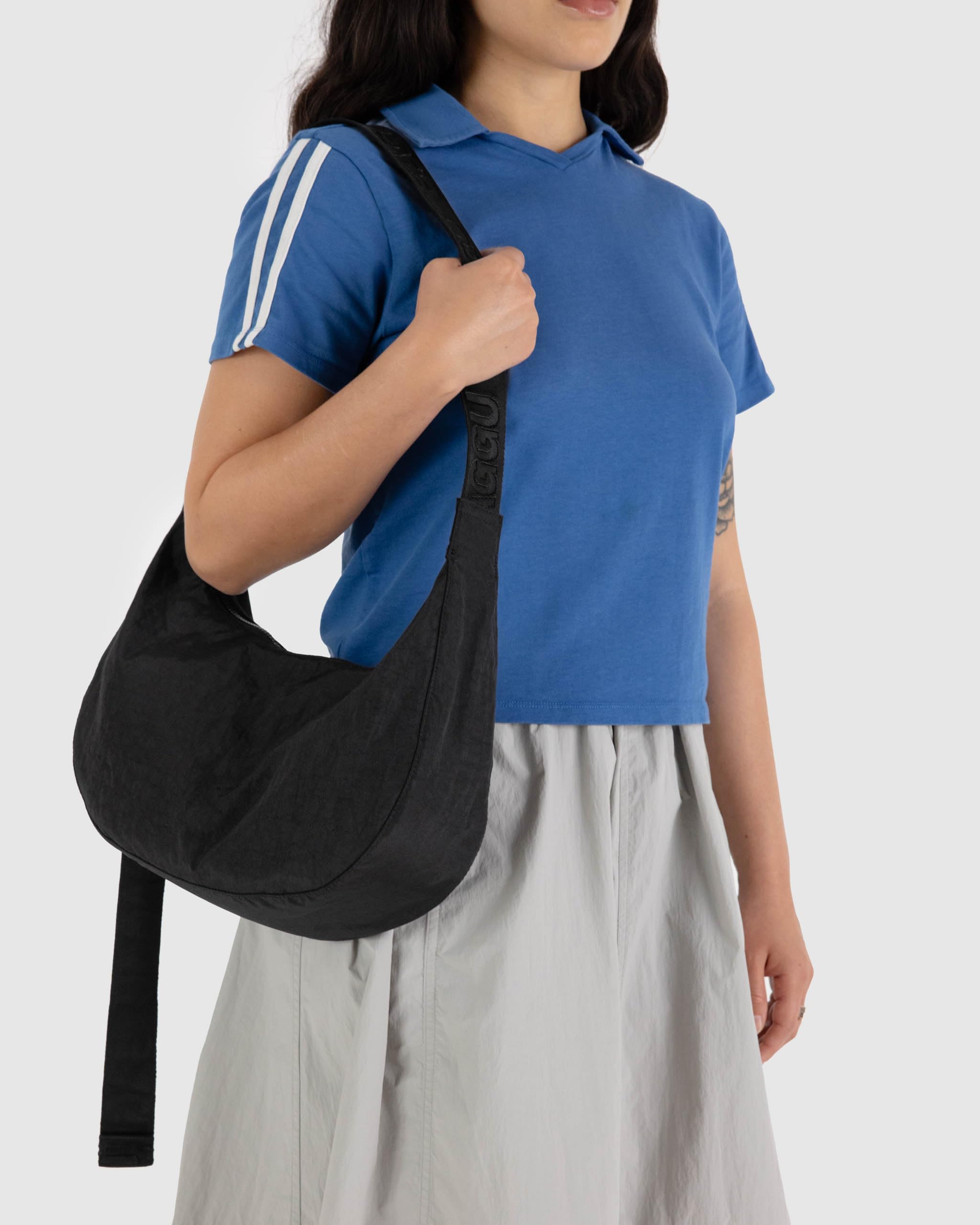 Medium Nylon Crescent Bag - Black & White Pixel Gingham