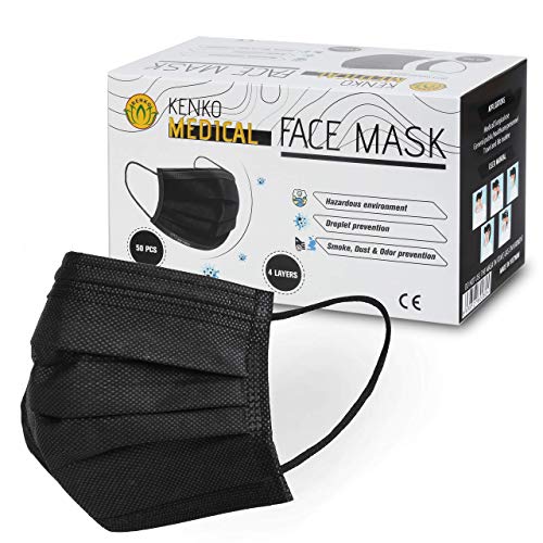 Kenko 50pcs Disposable 4-Ply Face Masks Blue & 50 pcs 4-ply MEDICAL Face Masks Black, Breathable & Comfortable Filter Safety Mask, Protective