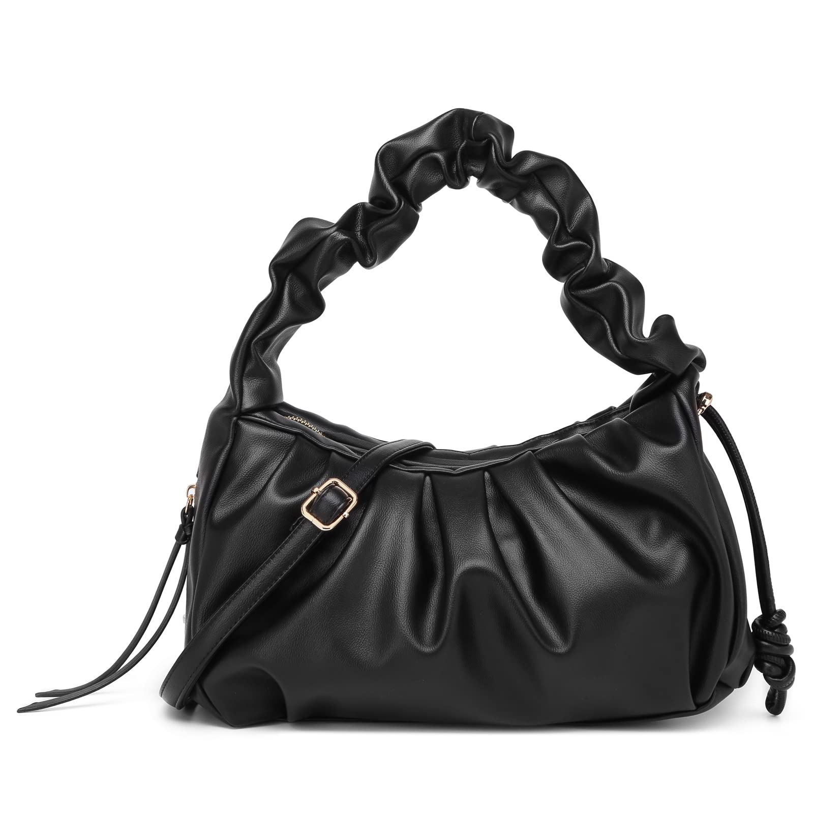 LUCKWE Ruched Hobo Bags for Women Satchel Purses Handbag Medium Crossbody Bags Drawstring Designer Shoulder Bag (Black)
