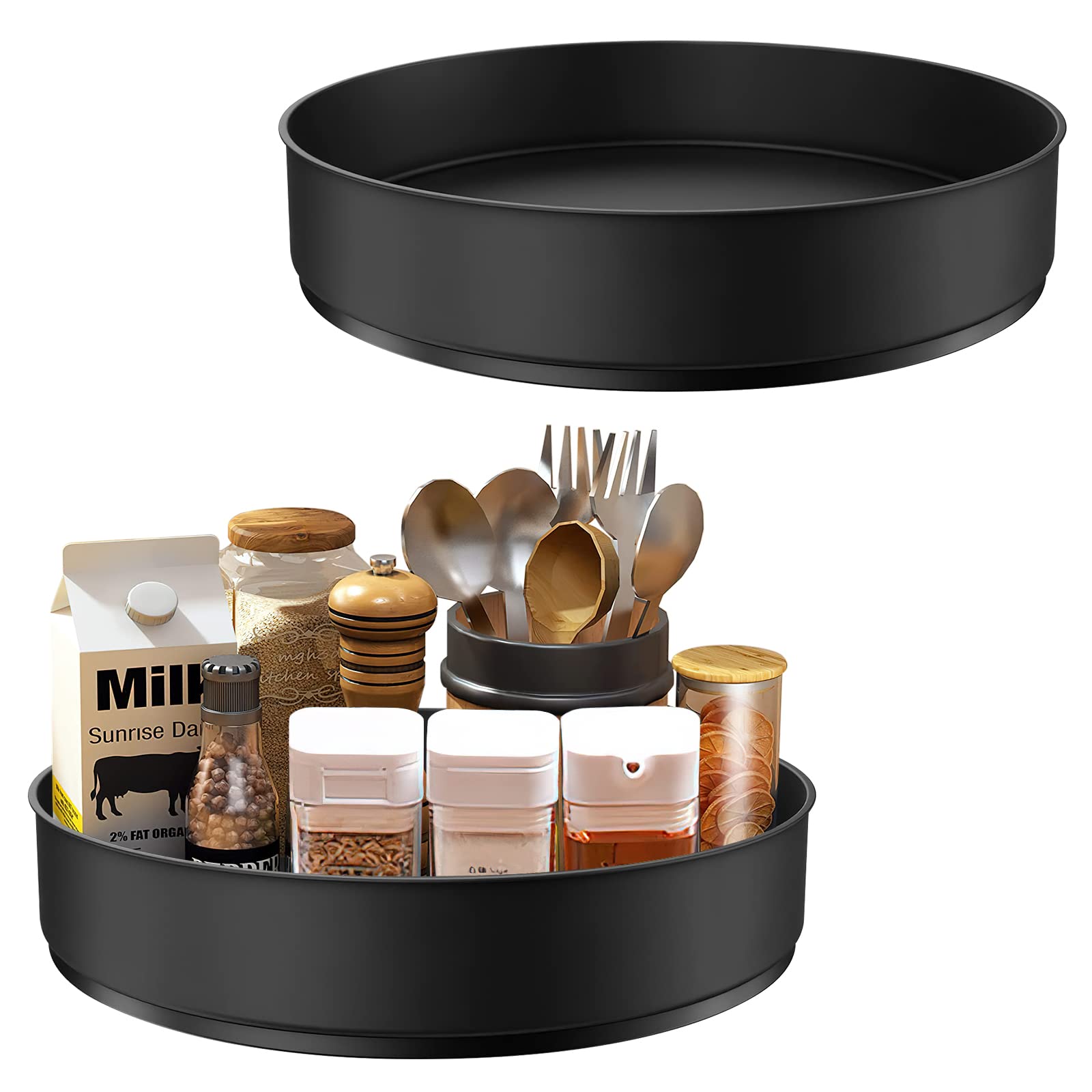 Lazy Susan Turntable Organizer, Landmore 2 Pack 10.2 Inch Stainless Steel Non Skid Turntable Spice Rack Spinning Organizer for Cabinet, Pantry, Countertop Black