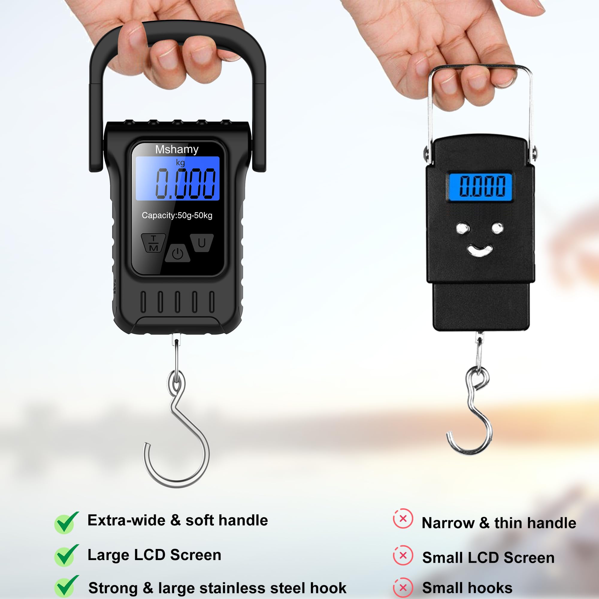 Mshamy Luggage Scale110lbs/50kg Digital Fishing Scale with Backlit LCD Display, Hanging Scale with Portable Large Handle Measuring Tape, Suitcase Scale for Travel Include 2 AAA Batteries
