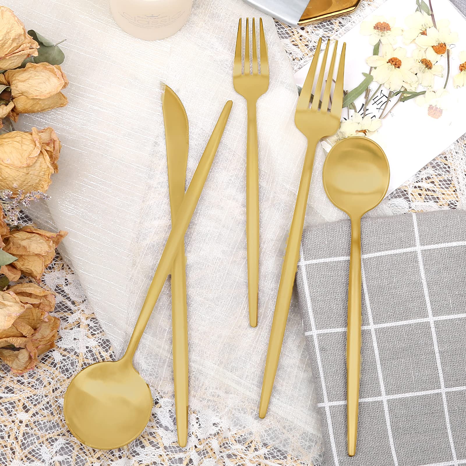 Matte Gold Silverware Set 30 Pieces, FAMEWARE Stainless Steel Flatware Set,Service for 6,Kitchen Utensil Set, Tableware Cutlery Set, Satin Finished Polished & Dishwasher Safe