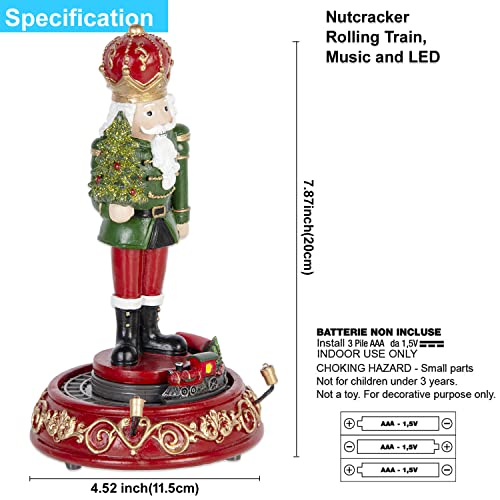 innodept12 Nutcracker Figure and Rolling Train Collectible - Christmas Figurine with LED Light and Music, Battery Operated, Heigh 7.87 Inches