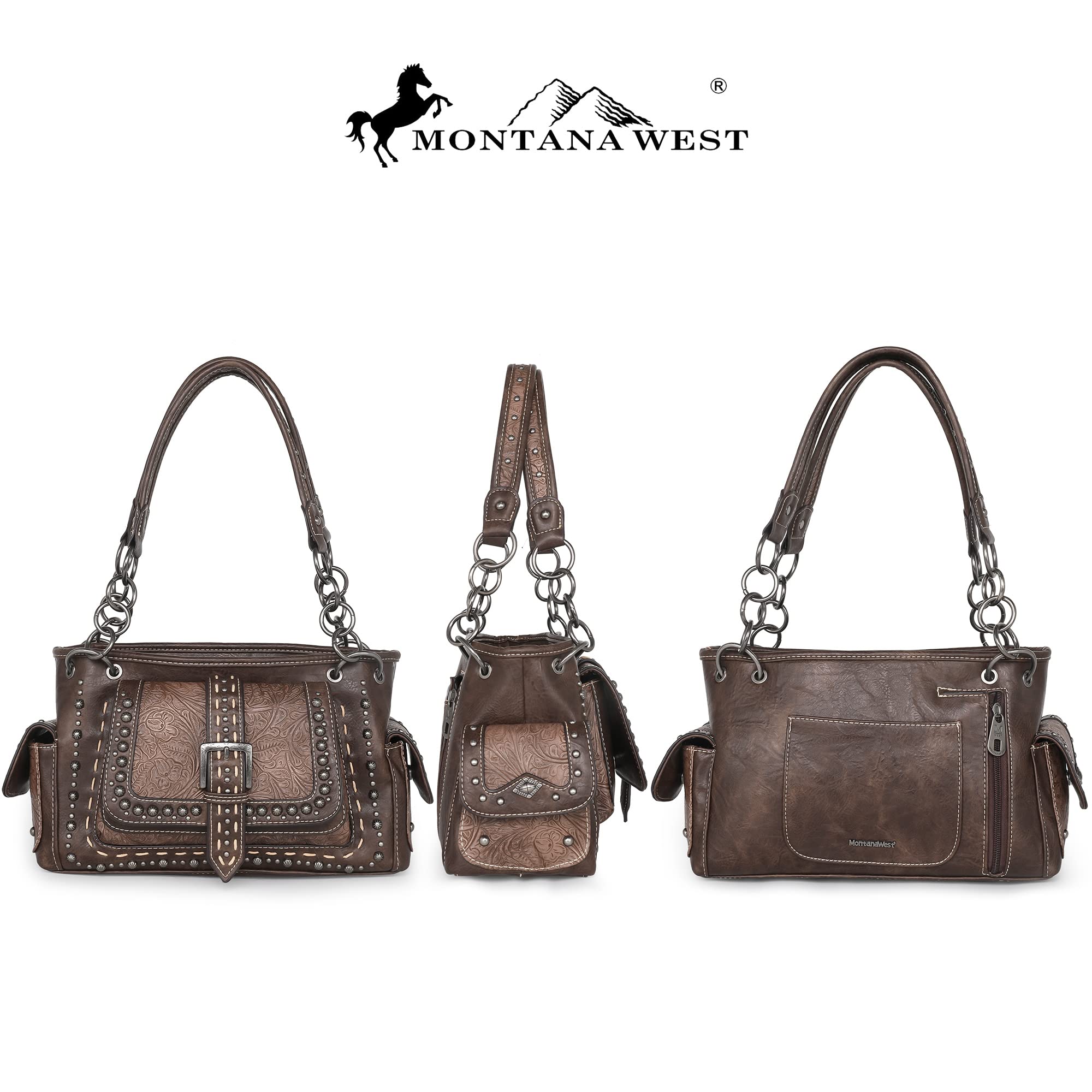 Montana West Western Embossed Collection Tote Bag Vegan Leather Antique buckle silver studs Satchel Handbag with Wallet MBB-MW1117G-8085CF+W