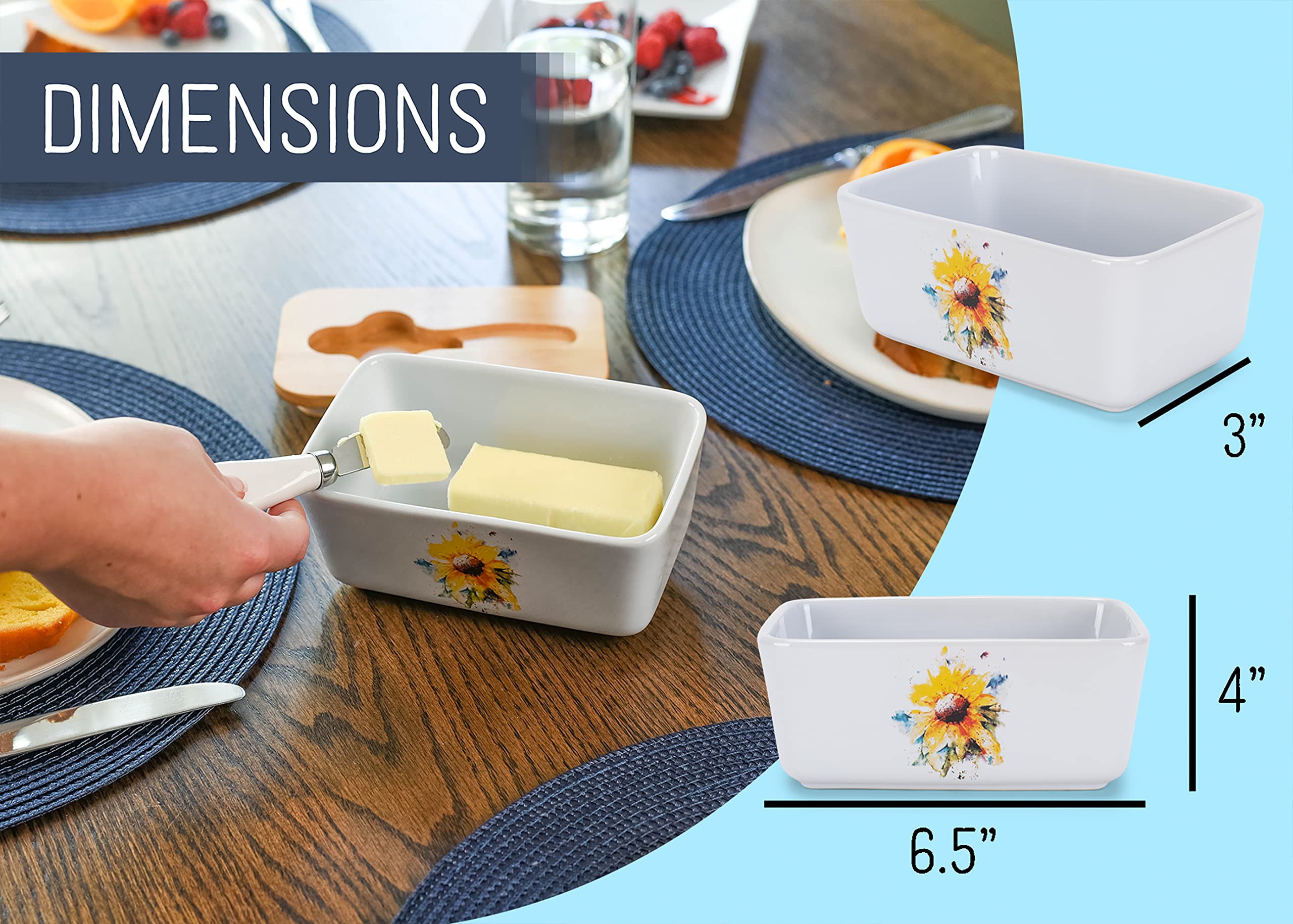 Nat & Jules Dean Crouser Ceramic Stoneware 1/2 Pound, 2 Sticks Butter Dish with Airtight Bamboo Lid & Knife, Kitchen Container Holder Refrigerator Storage Countertop Organization, Watercolor Sunflower