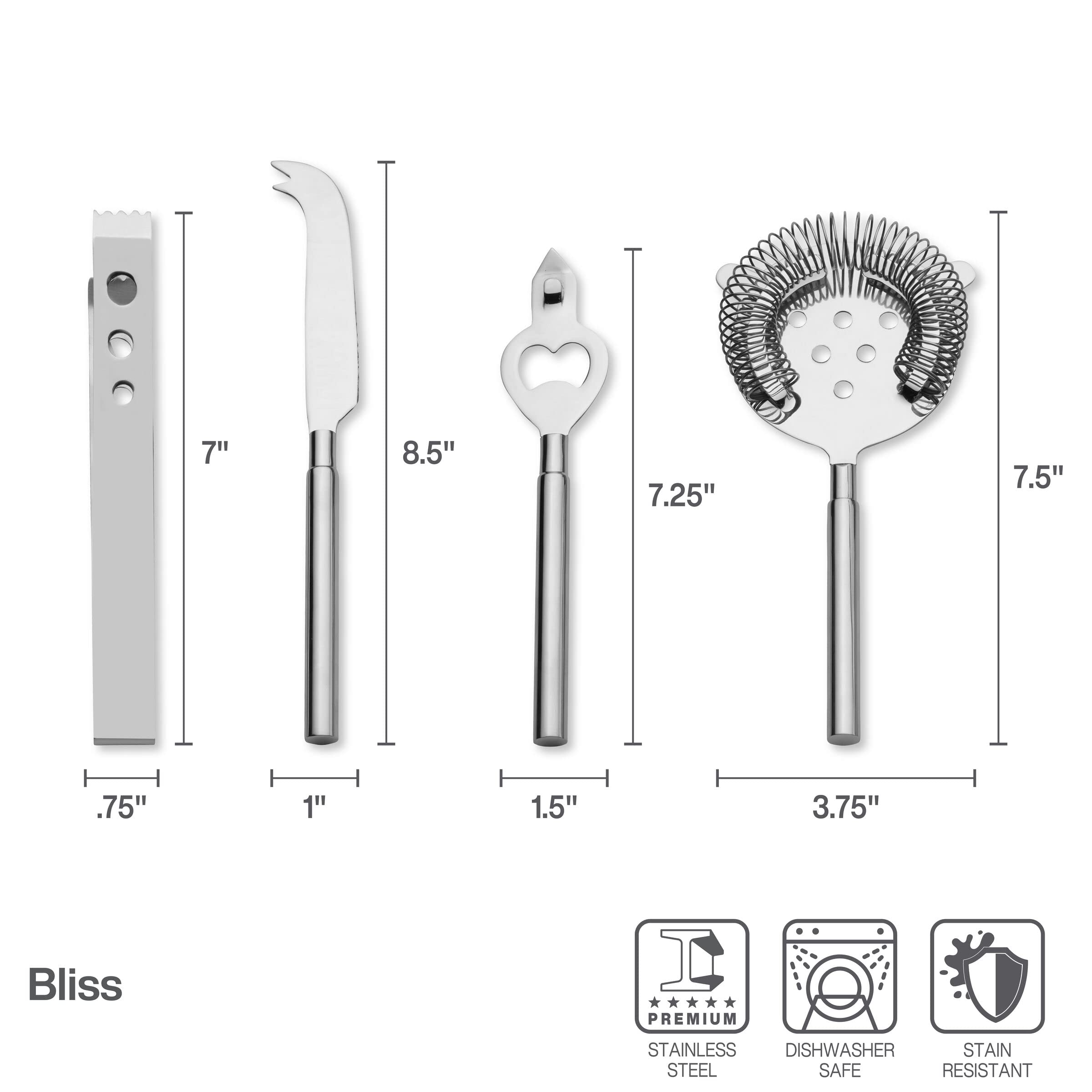 Mikasa Bliss Bar Tool Set with Wooden Stand, 8 Piece, Stainless Steel