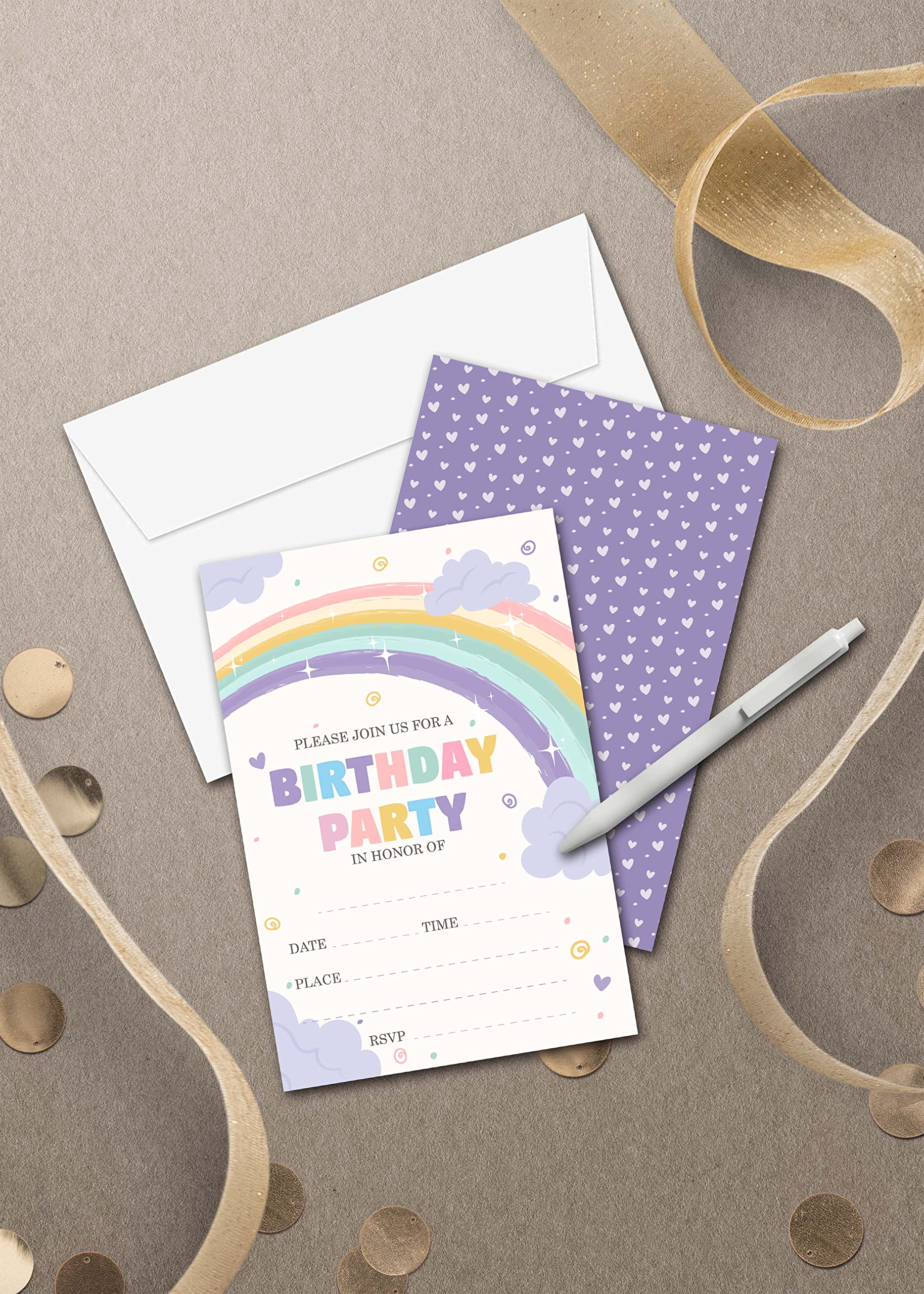Rainbow Birthday Party Invitations - Rainbow Party Supplies - Fill in The Blank Birthday Party Invites - 20 Invitation Cards With 20 Envelopes (003A)