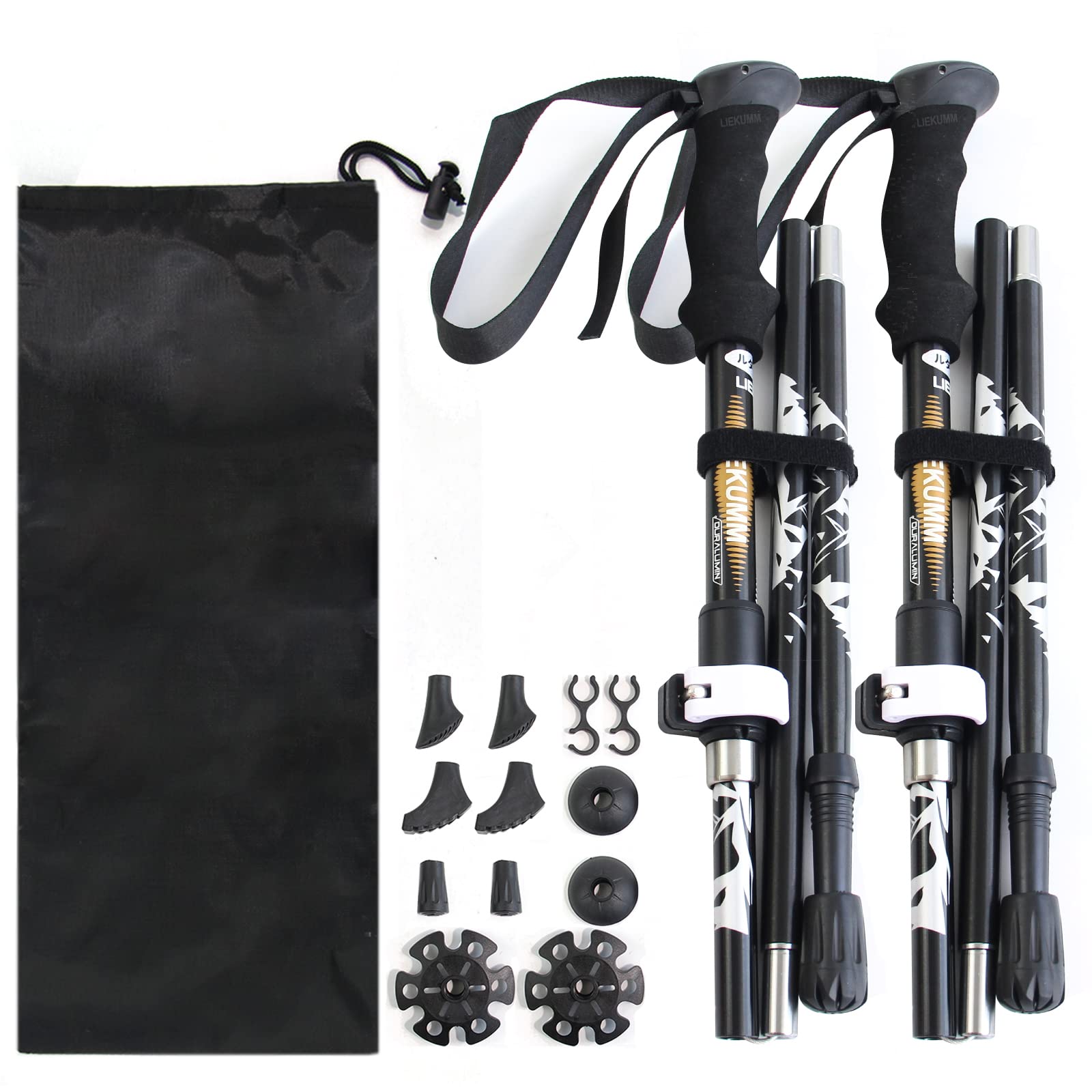 LIEKUMM 2pc Trekking Poles, Collapsible Walking Sticks for Hiking, Capacity 220 LBS, Lightweight Aluminum Folding Hiking Poles with Quick Flip Lock, 6Sets Terrain Accessories, Black