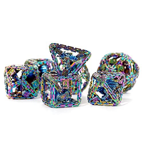 Metal DND Dice Set - Imprisoned Dragon Core Metal Dice Set for Role Playing Games (RPG) - Beautiful & Intricate Polyhedral DND Metal Dice - Stunning D&D Dungeons and Dragons Dice Set (Rainbow)