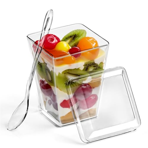 Space Away 50Pack 5oz Dessert Cups Square Parfait Cups with Lids Dessert Bowls Clear Dessert Cups with Lids & 50 Spoons for Parties & Events Mini Dessert Cups Appetizers Pudding Fruit Ice Cream Cups