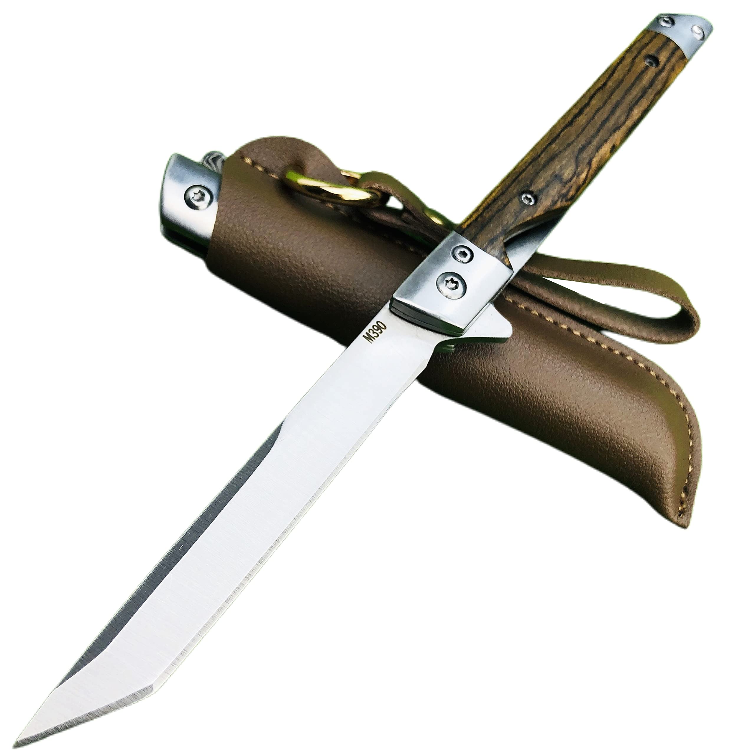 HOLYEDGE 8.5" Wooden Handle Damascus Style Folding Blade Knife - Best Outdoor Camping,Hunting Tactical Survival Knife W/Sheath (Tanto Blade)