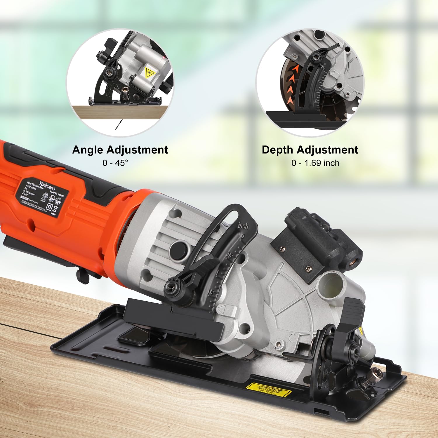 Yunirvana 4Amp 3500RPM Mini Circular Saw with Laser Guide, Vacuum Adapter, Blade Wrench and Rip Guide, Max. Cutting Depth1-5/8"(90°), 1-1/10"(45°)Compact Saw with 2 pcs 4-1/2" 24T TCT Blades
