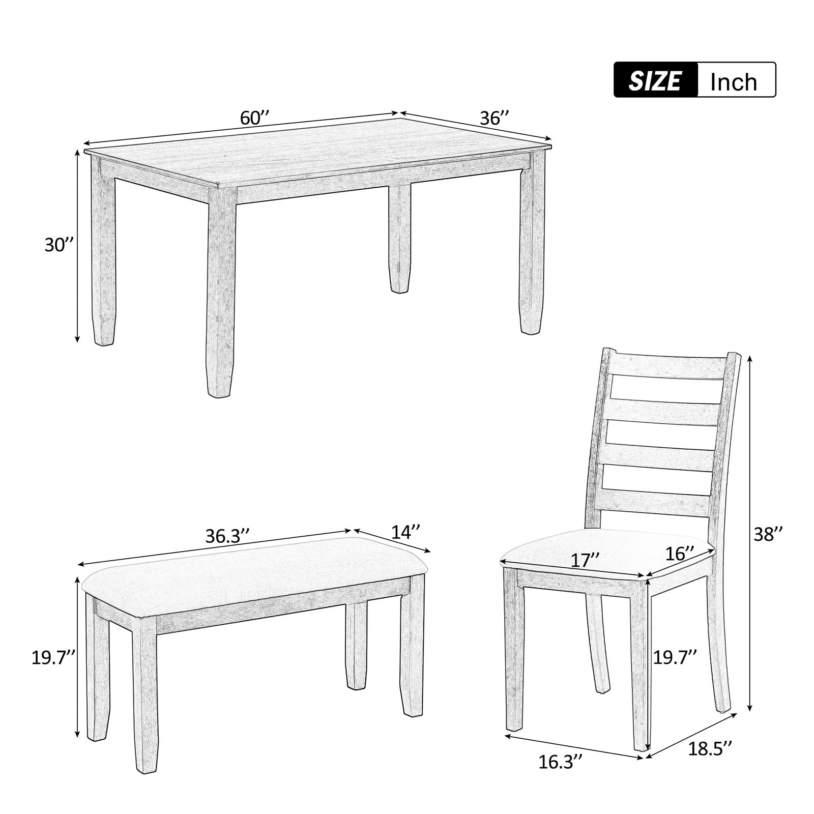 KASUE Rustic-Style 6-Piece Dining Table Set with 4 Upholstered Chairs, Bench, and 60'' Rectangular Table - Brown & Whitewash Finish