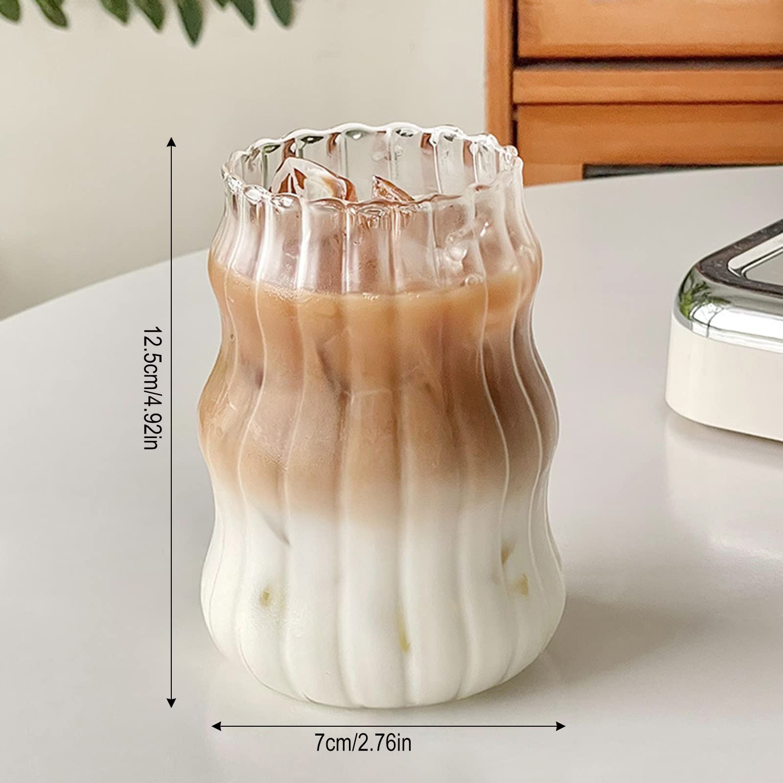 Maritown Ribbed Glassware Drinking Glasses with Straws, 18oz Ripple Glass Cups, Iced Coffee Glasses, Wave Shape Beverage Glasses, Cute Tumbler Cup for Cocktail Whiskey Beer Tea Smoothie Juice