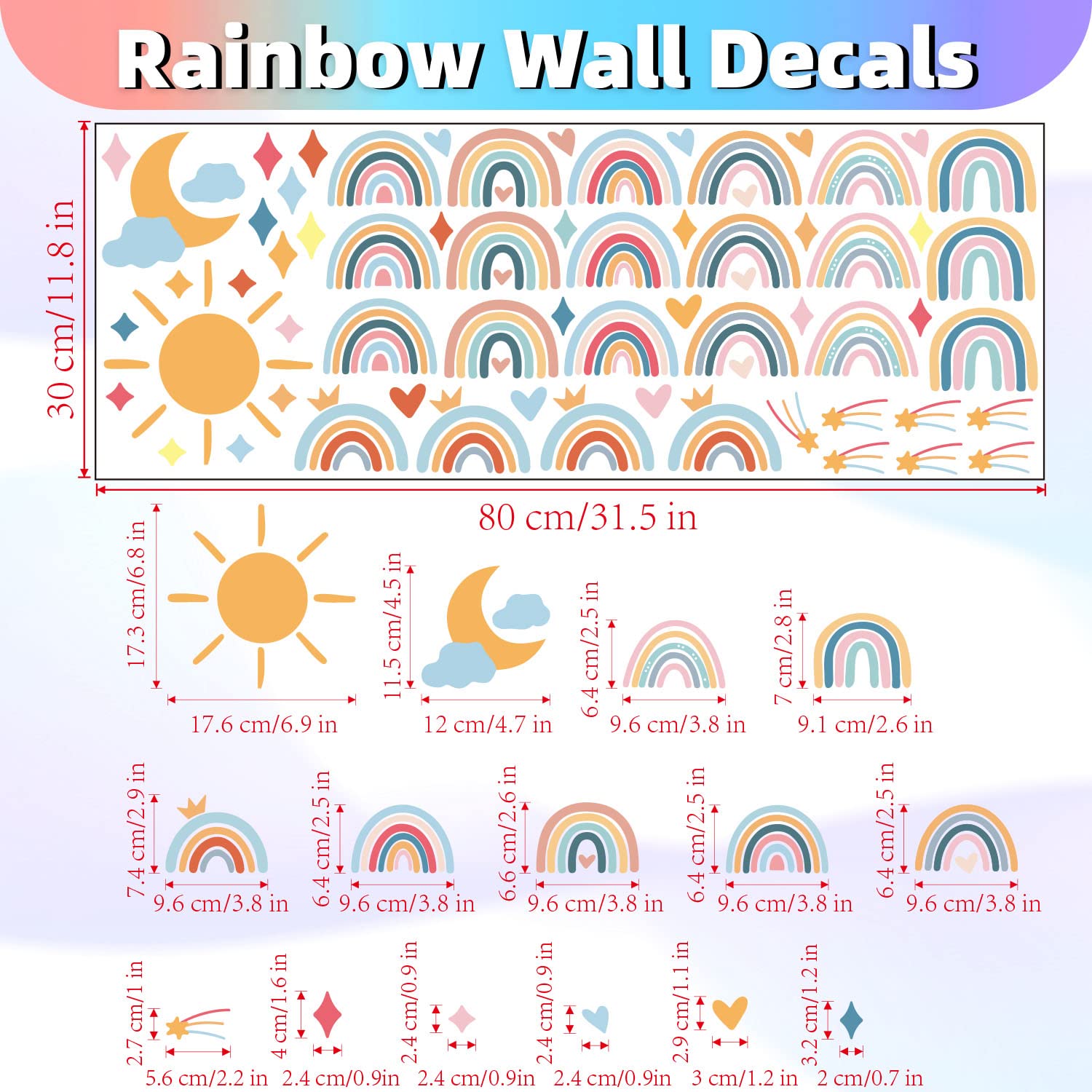 Rainbow Wall Decals Stickers Rainbow Wall Decor for Kids Room Little Girls Bedroom Nursery Playroom Daycare Classroom Parties Decoration (B)