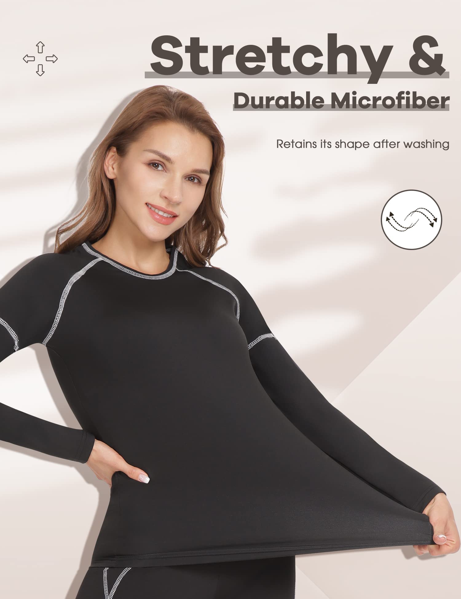 MANCYFIT Thermal Shirts for Women Fleece Lined Tops Long Sleeve Undershirts for Cold Weather Black and White Lines Medium
