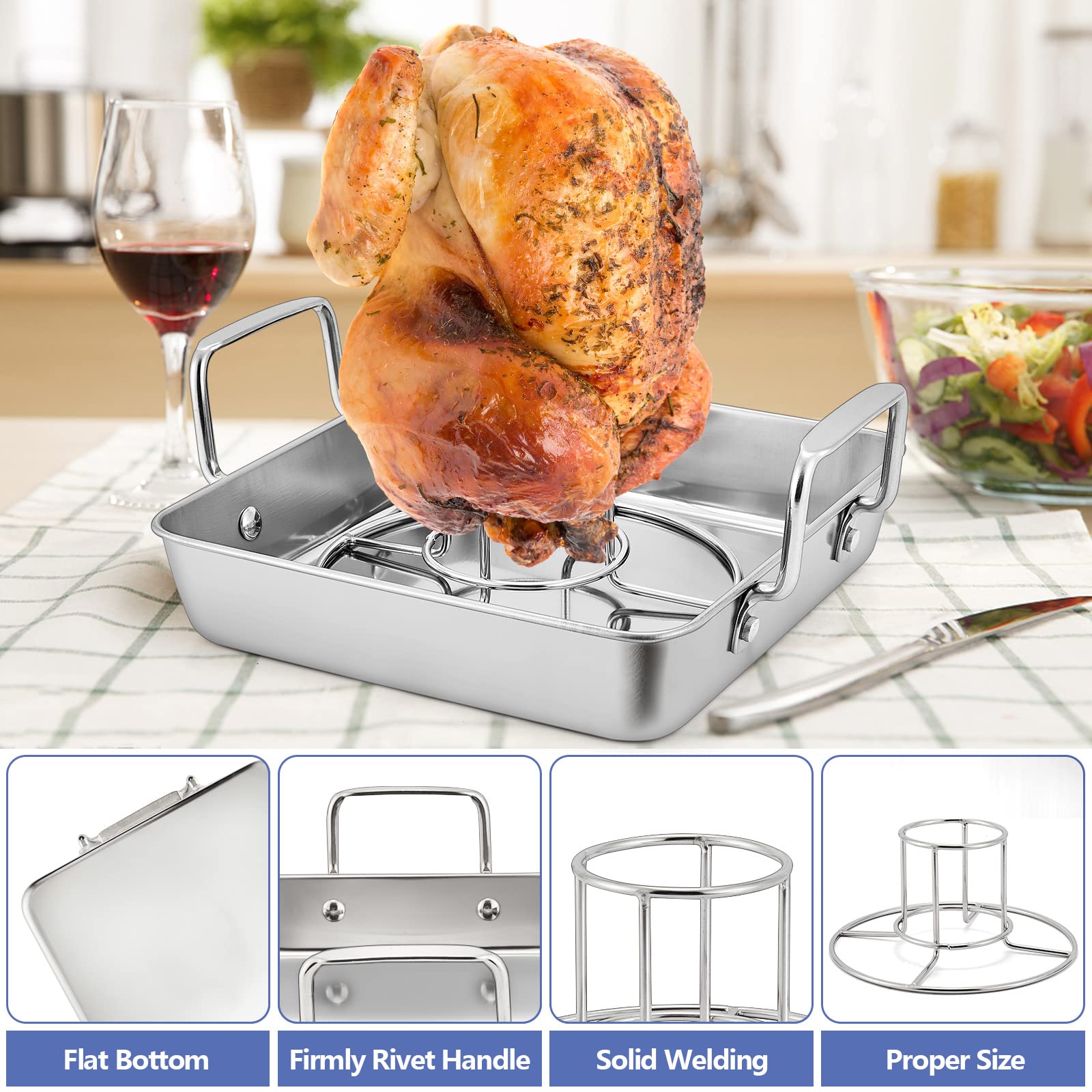 LIANYU Roasting Pan with Beer Can Chicken Holder, Stainless Steel Roaster Pan for Grill Smoker or Oven, Heavy Duty Lasagna Veggies Cooking Tray, Plus Meat Claws & Brush, Dishwasher Safe, 5 Pieces