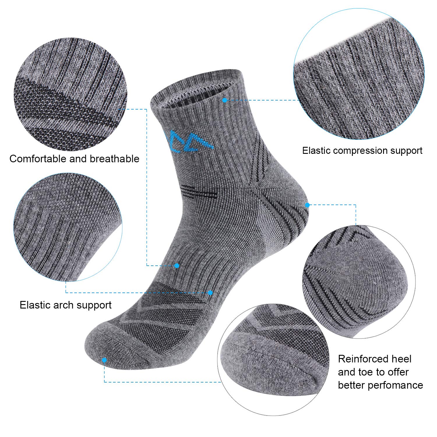 innotree 5 Pack Men's Cushioned Hiking Walking Running Socks,Moisture Wicking Multi Performance Quarter Crew Athletic Cotton Socks