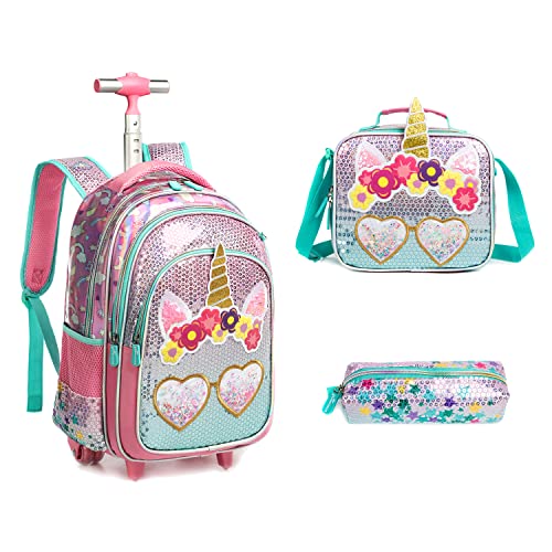 JSMNIAI Pink Unicorn Rolling Backpack for Girls Rolling Backpacks Set with Wheels Kids Luggage for Elementary Students with Lunch Box Travel Suitcase