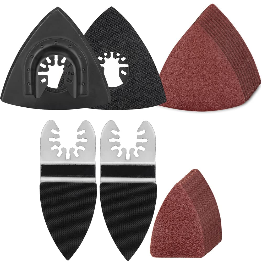 Oscillating Tool Sanding Pads, 4-Pack 3-1/8 Inch Triangle and Finger Hook & Loop Sanding Pads with 35PCS Sandpaper Set Fit Bosch Dremel Makita Milwaukee Rockwell Ryobi Oscillating Multitools