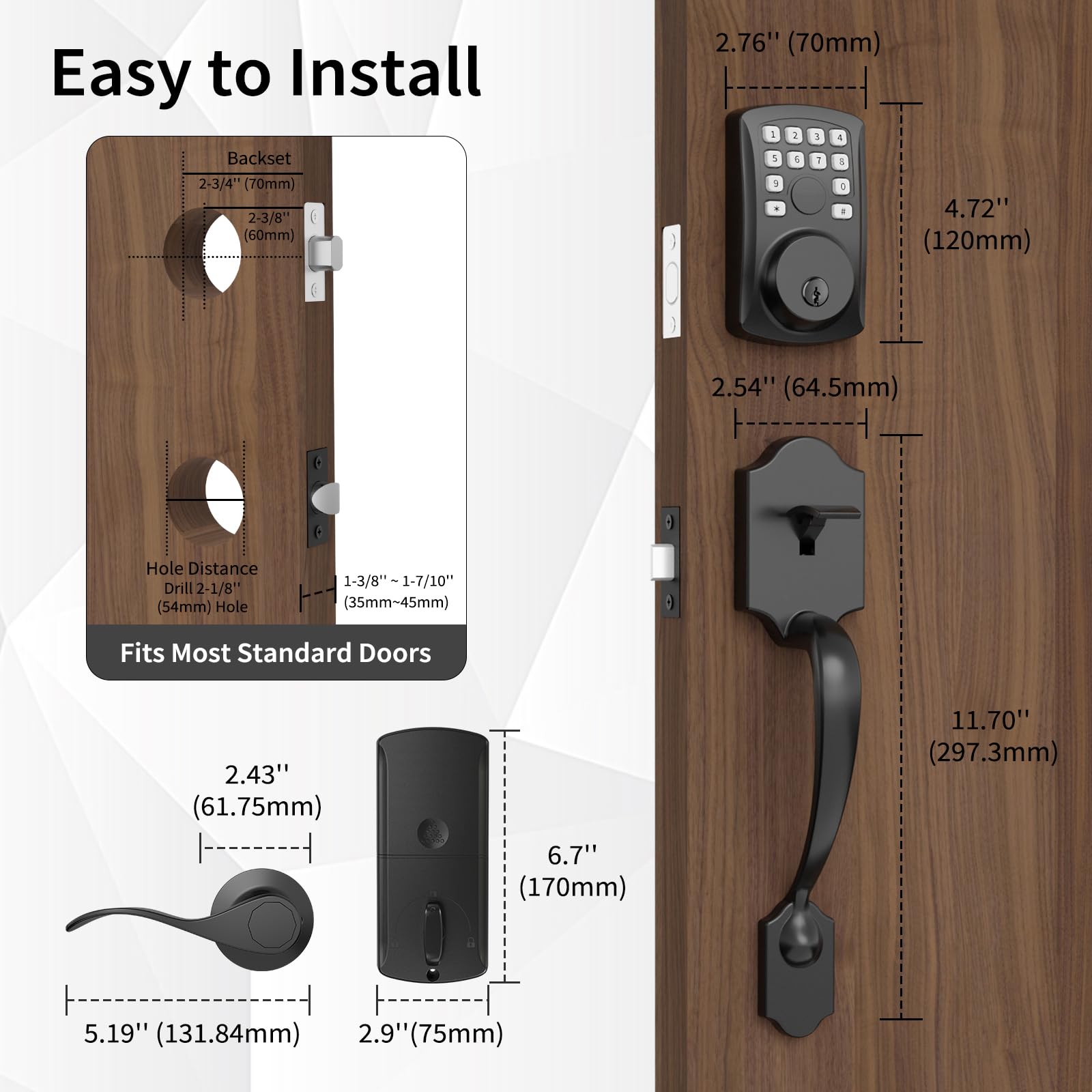 HIDALIFE Keyless Entry Door Lock Set, Deadbolt Smart Lock, Electronic Keypad Deadbolt with Shelby Lever for Front Door, Office, Apartment, Easy-Installation, Auto Lock- Matte Black