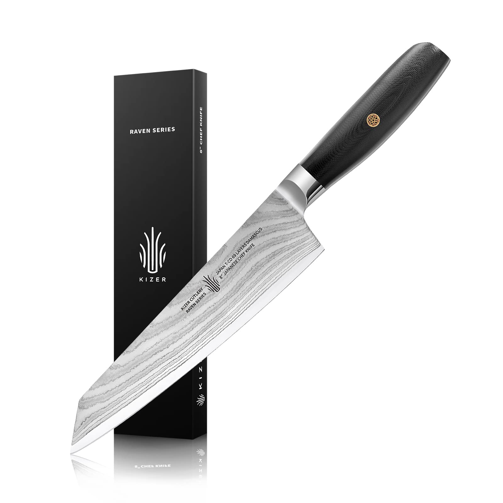 Mojave Outdoor 8 Inch Damascus Chef Knife Japanese T-CO 69 Layers Damascus Steel Blade Kitchen Cooking Kiritsuke Knives Raven Series RE0801T