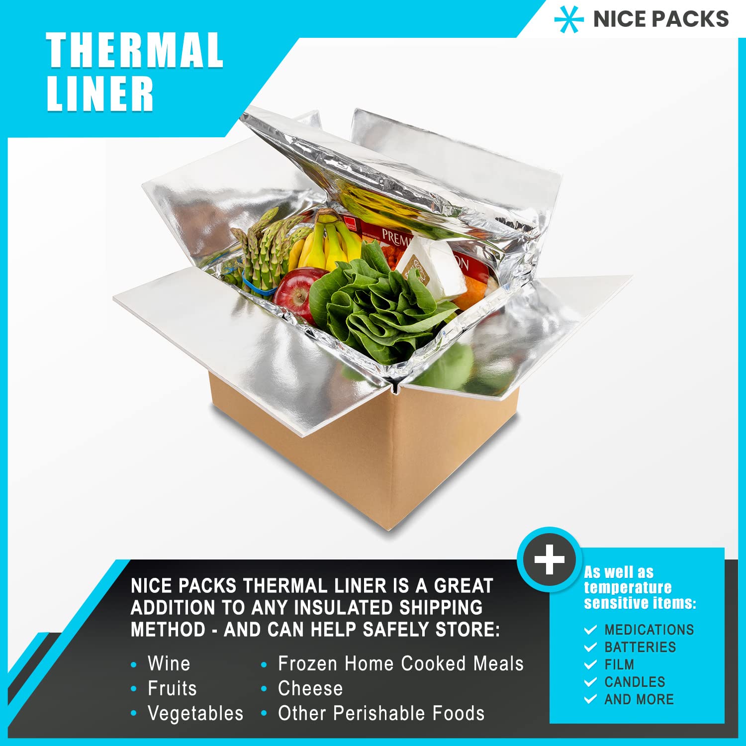 LIVE 2DAY Nice Packs | Thermal Liners for Coolers and Food Shipments | Best Insulation for Dry Ice Packs (14 x 7.5 x 9 inch, Cotton)