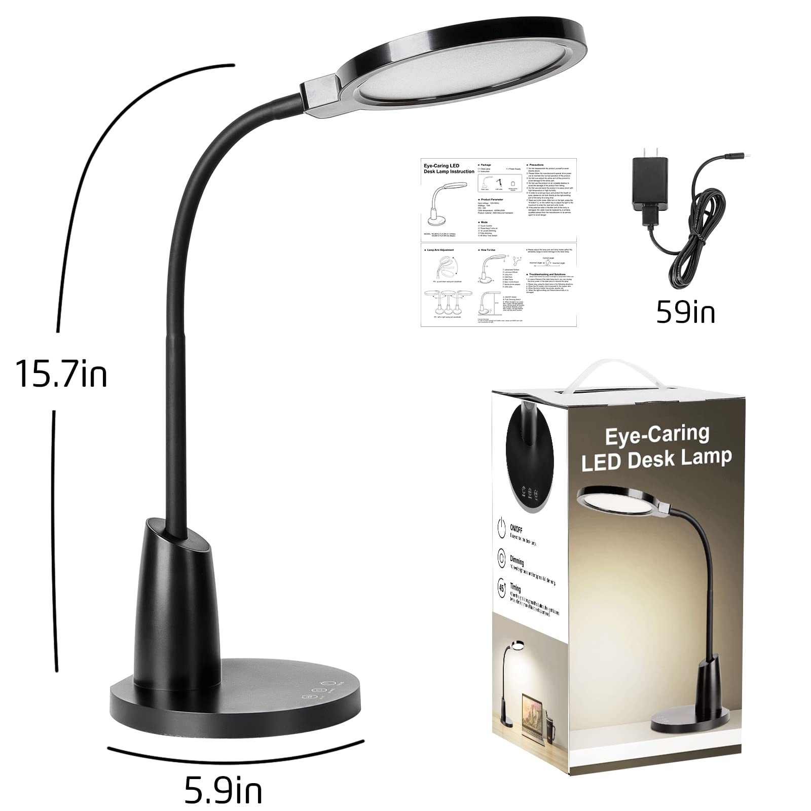 LED Desk Lamp with USB Charging Port, Small Desk Lamp for Home Office 10 Levels Brightness, Study Lamp for Kids Students, Flexible Goose Eye-Caring Black Table Lamp, 45 Minutes Auto-Off Timer.