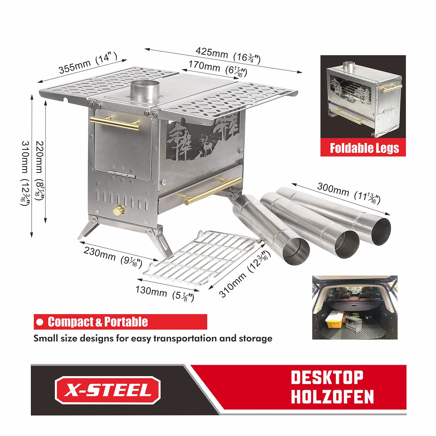 Portable Wood Burning Stove Stainless Steel Stove for Camping Hunting Portable Mobile Kitchenette Includes 6ft Plumbing