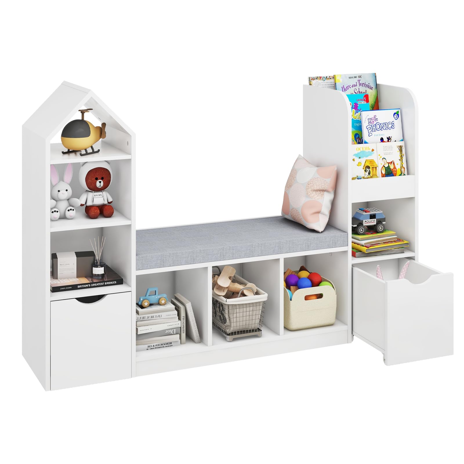 Vabches Kids Bookcase and Bookshelf with Reading Nook, Multifunctional Bookcase with 7 Storage Cubbies 2 Movable Drawers, Bookcase with Seat Cushion for Toy Storage Organizer Children's Room, Bedroom
