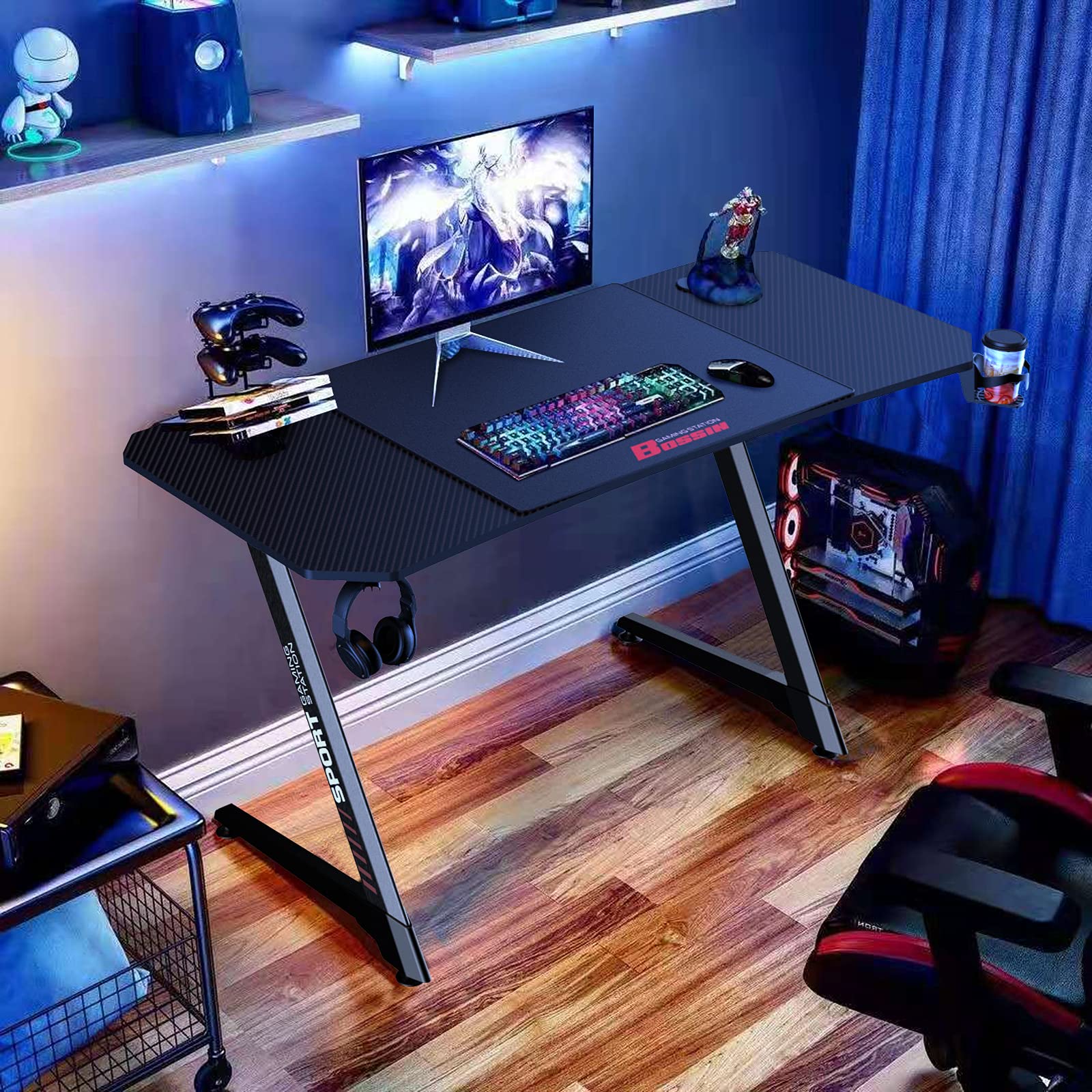 LEMBERI 63 inch Gaming Desk, Z-Shaped Computer Desk with Free Large Mouse Pad, Professional Game Work Station, PC Gamer Table with USB Gaming Handle Rack, Stand Cup Holder&Headphone Hook(63", Red)