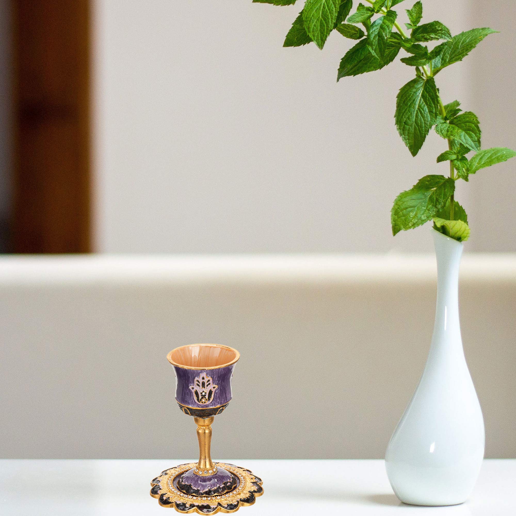 Matashi Hand-Painted Enamel Tall 5" Kiddush Cup Set with Stem and Tray Embellished with Crystals and Hamsa Design for Weddings Shabbat Havdalah Passover Goblet Judaica Gift Home Decor Blessings Cup