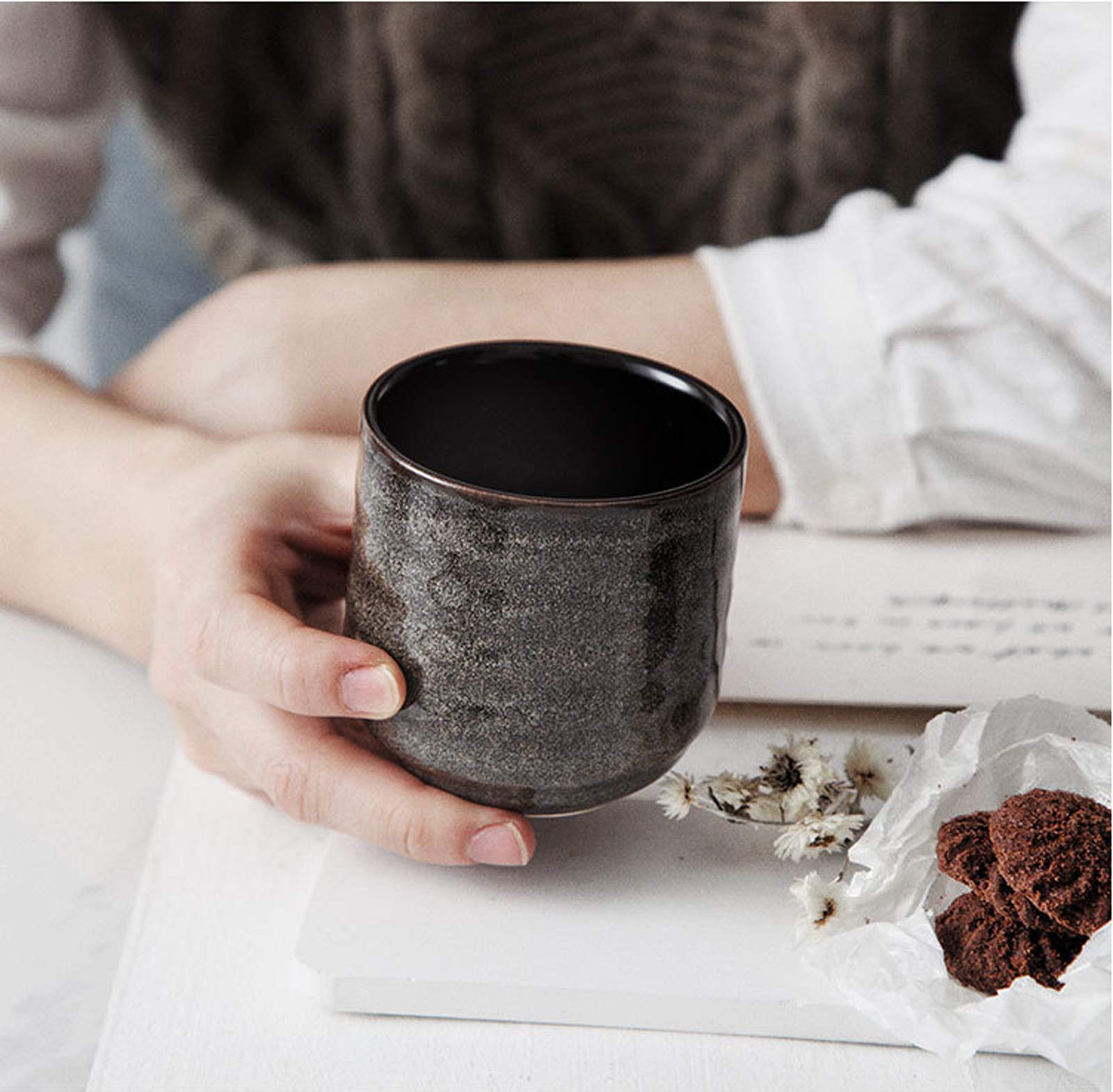 Lxuwbd Japanese style ceramic tea set, tea cup, coffee cup, yerba mate set, Ceramic mate cup set of 4 (Brown grey)