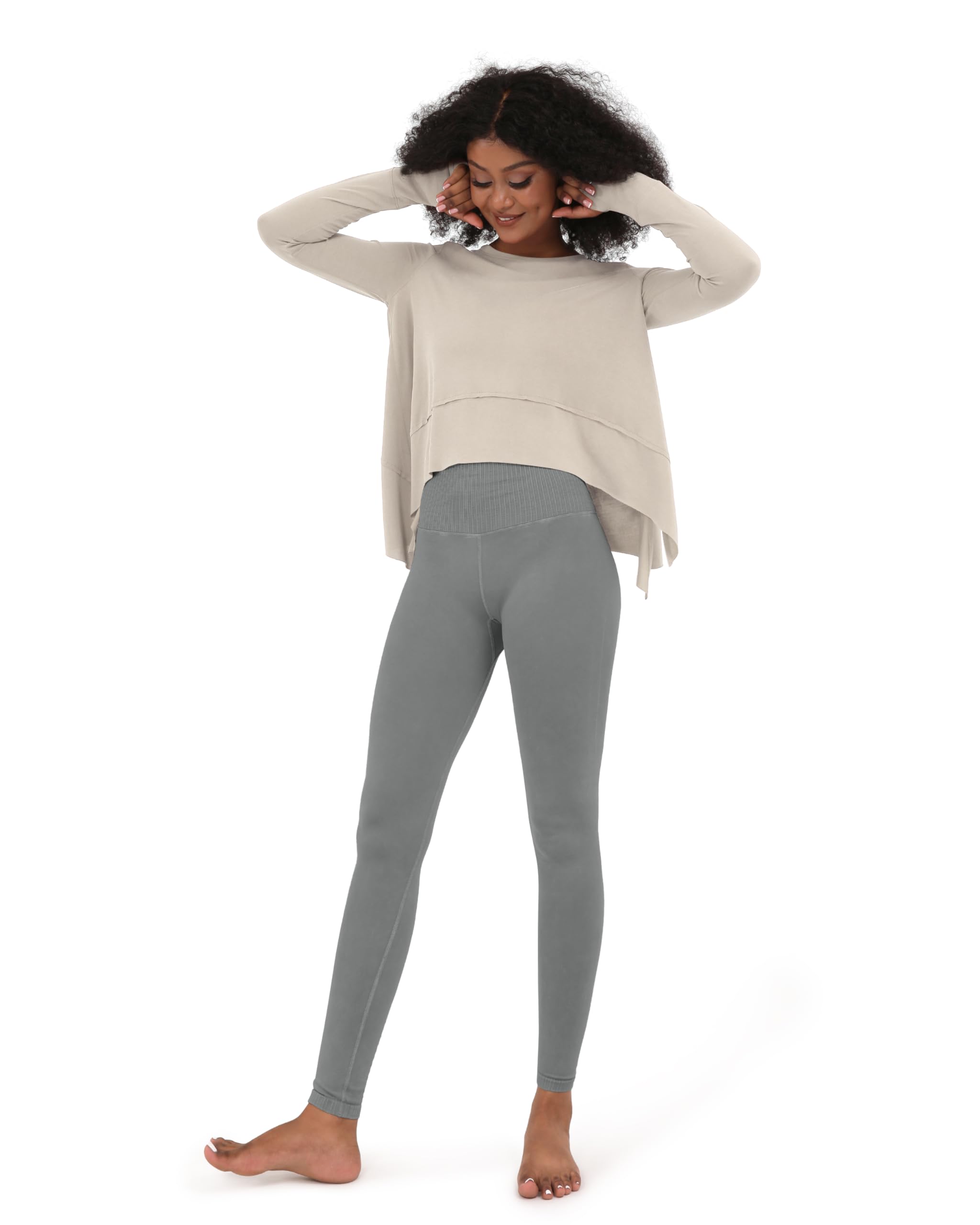 ODODOS Soft Modal Long Sleeve Crop Top for Women with Thumb Hole Athletic Gym Workout Cropped Yoga Shirts, White, Large