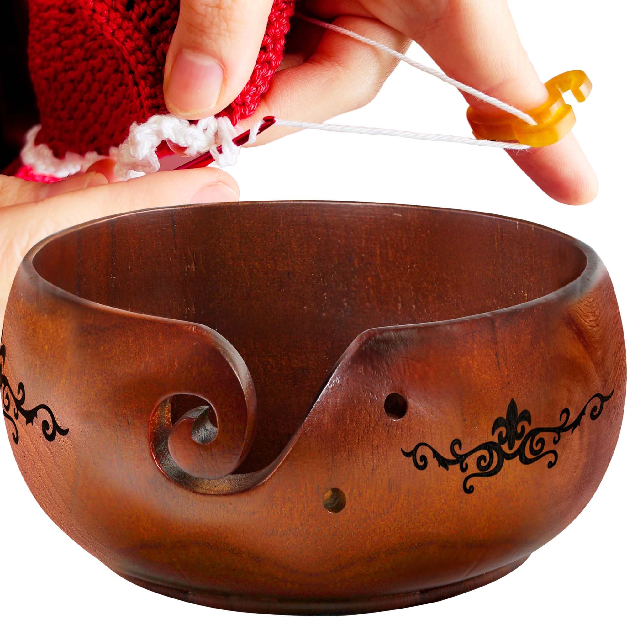 Savina Large Wooden Yarn Bowl & Crochet Tension Ring, Size 7in x 2.9in - Handcrafted from Solid Wood & Horn - Yarn Holder for Crocheting, Knitting.