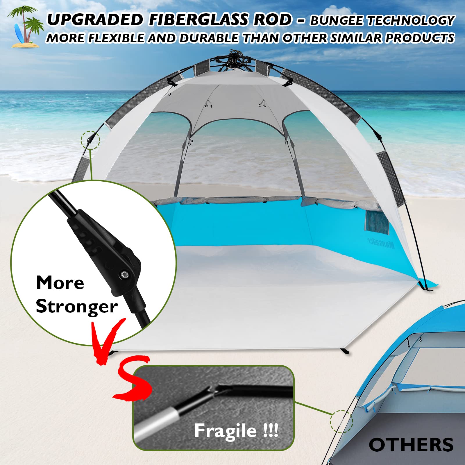 Mansader 2-3 Person Large Instant Pop Up Beach Tent, UV Protection Portable Easy Setup Sun Shade Shelter, Extended Floor with 3 Ventilating Mesh Windows for Outdoor Camping Fishing (Light Blue)