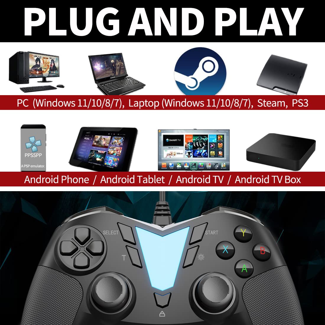 IFYOO PC Steam Game Controller, ONE Pro Wired USB Gaming Gamepad Joystick Compatible with Computer/Laptop(Windows 11/10/8/7/XP), Android(Phone/Tablet/TV/Box), PS3 - [Black]