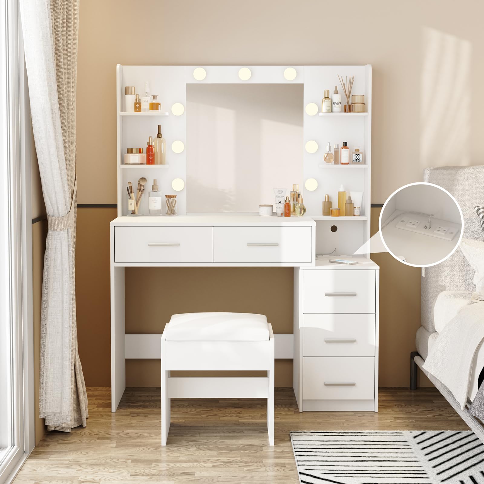 Vabches Makeup Vanity Desk with Mirror and Lights,Vanity Table with Large Drawers & Storage Shelves, Dressing Table Vanity Set