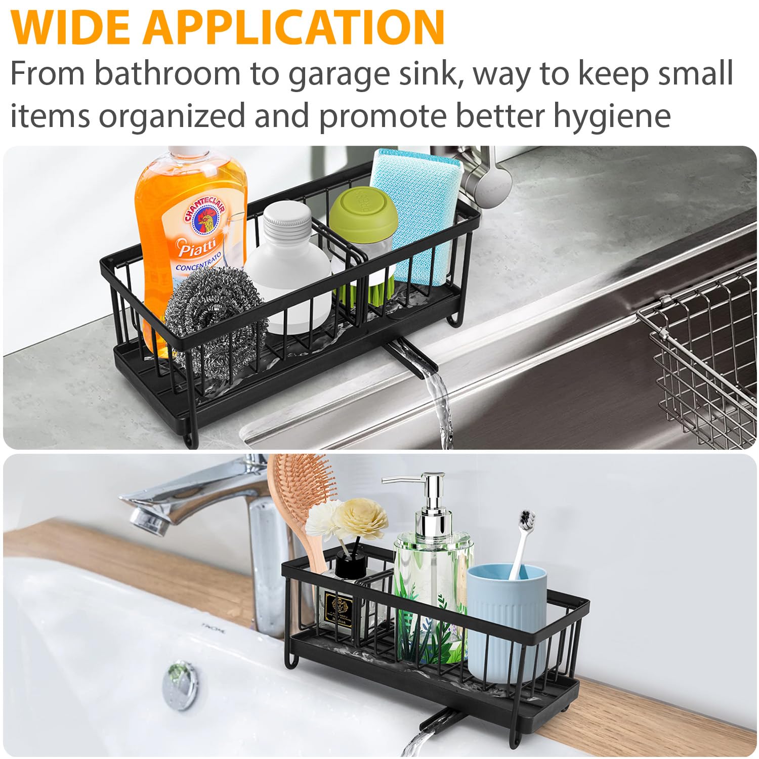 KSEV Sink Caddy with Adjustable Auto Spout Drain Pan, (Stainless Steel Rustproof) Kitchen Countertop Sink Organizer Rack Storage Holder with Divider for Countertop Sponge Soap Brush Dispenser (Black)