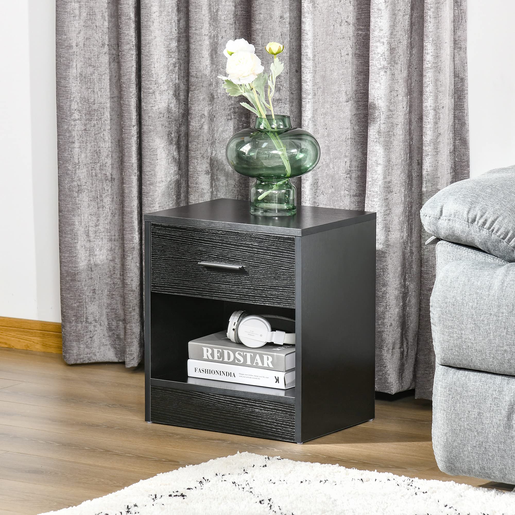 HOMCOM Modern Accent End Table with Drawer and Storage Shelf, Sofa Side Table for Living Room, White Wood Grain