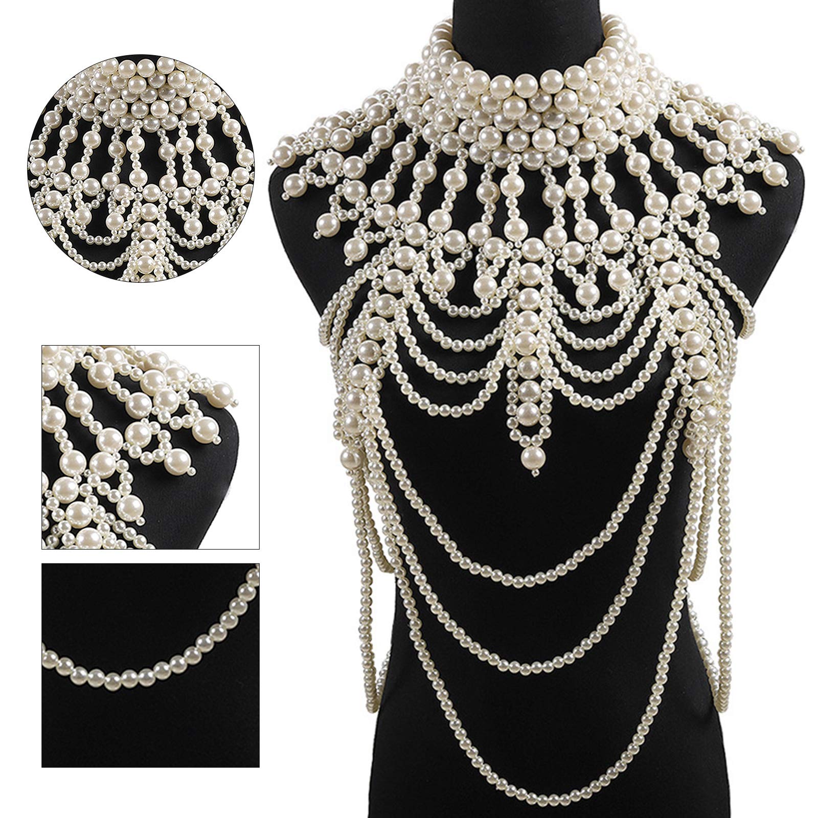 MGBISYI Beaded shoulder chain - Faux Pearl Body Chain Shawl Jewelry Layered Bib Necklace Collar