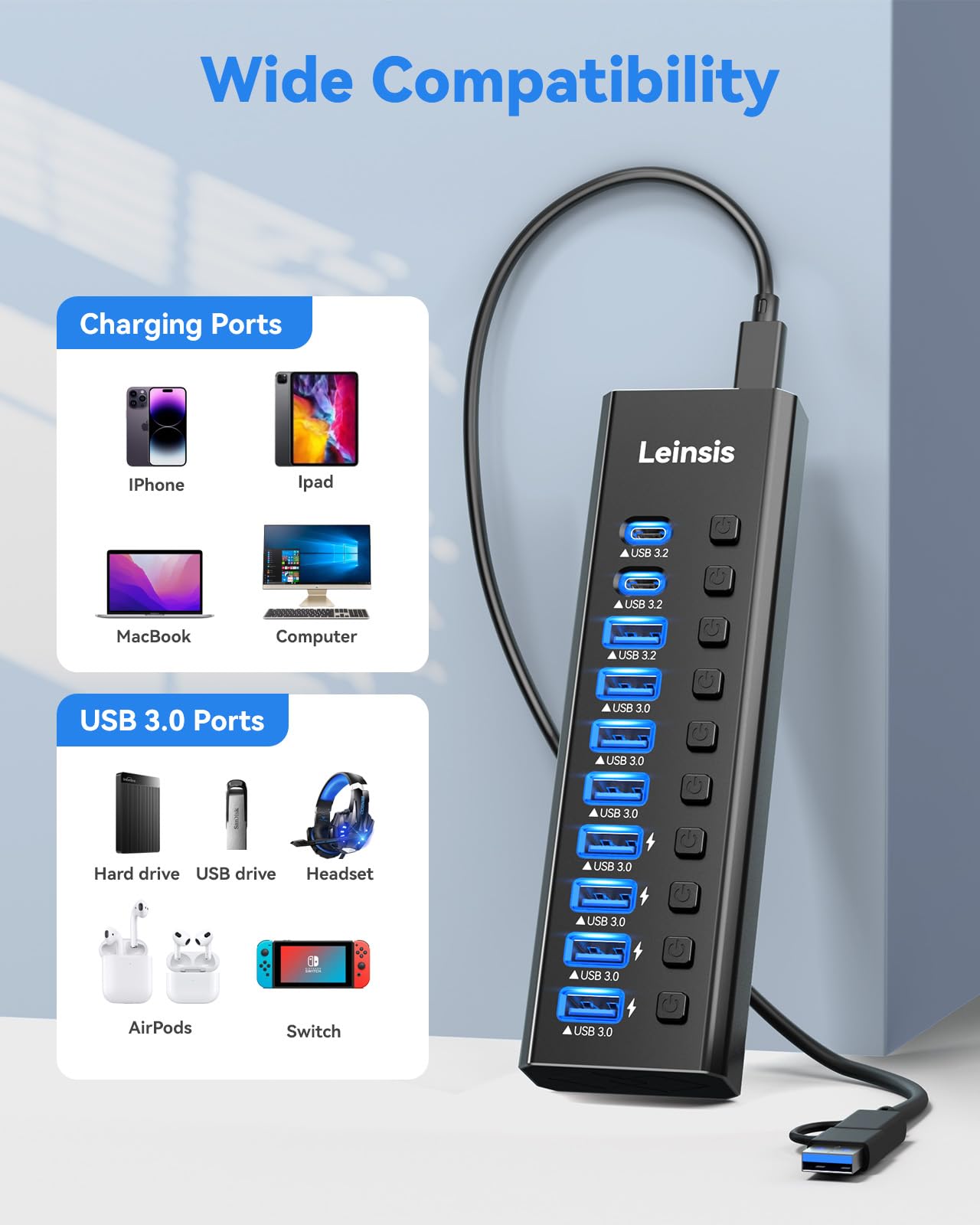 Powered USB Hub [Durable Aluminum] USB Hub 3.0 Powered, Individual Switch Buttons Smart Charging USB Port Expander Fit for External Hard Drive Electronics Gaming Laptop Desktop PC