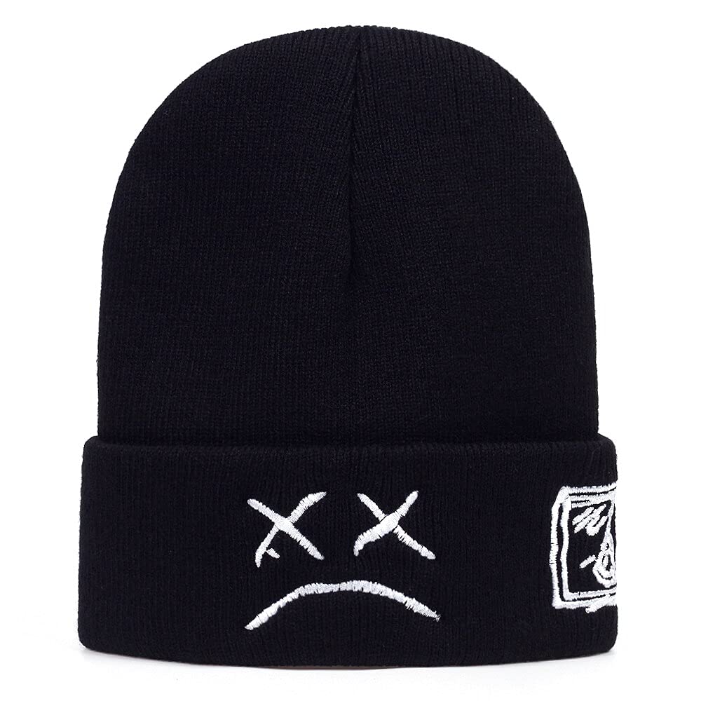 Lil Peep Beanie Hat for Men Women with Sad Face Cuffed Plain Skull Knit Cap,Black Knit Cap,Black