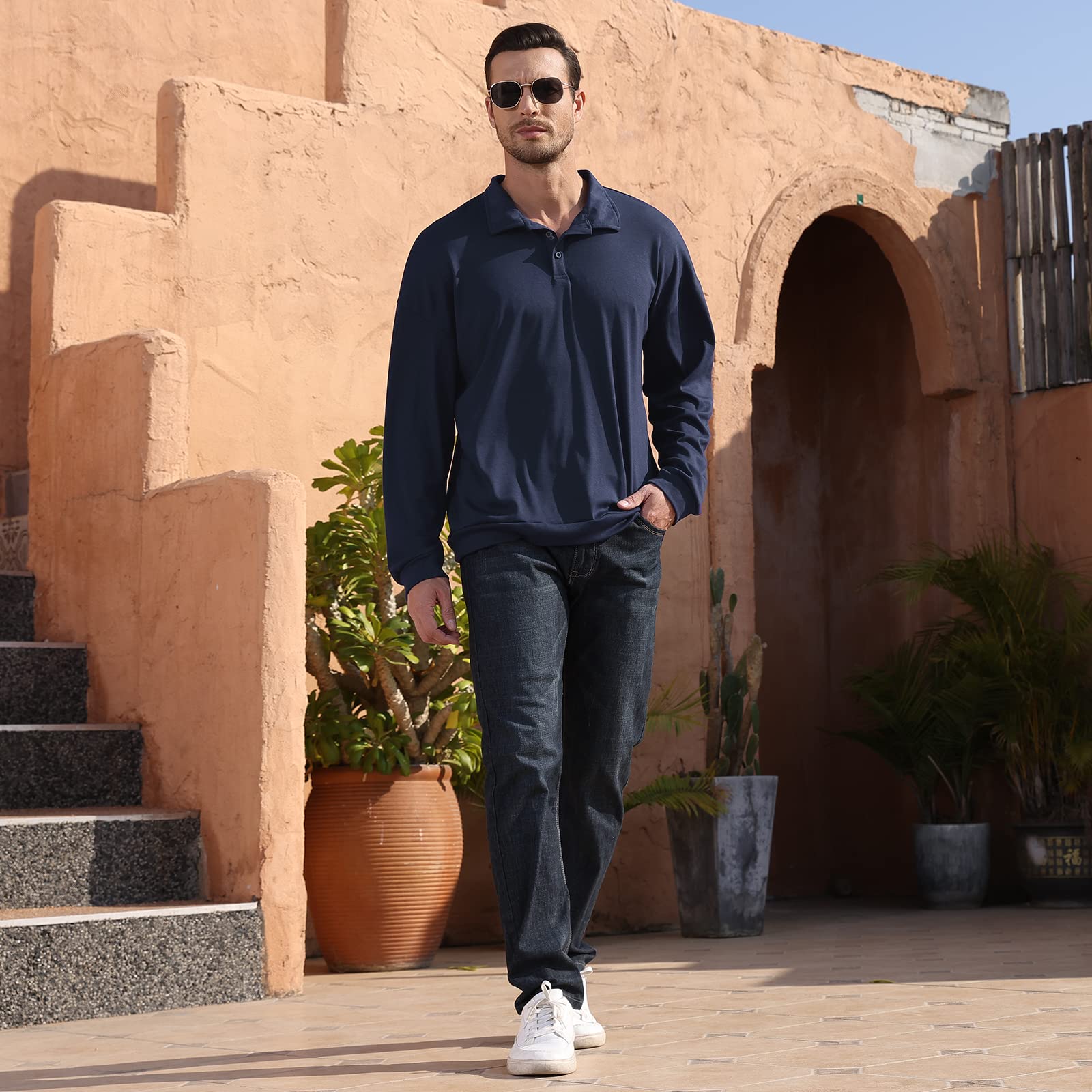 Opomelo Men's Long Sleeve Solid Polo Shirts -Fashion Casual Golf Shirt Collared T Shirts Navy Blue
