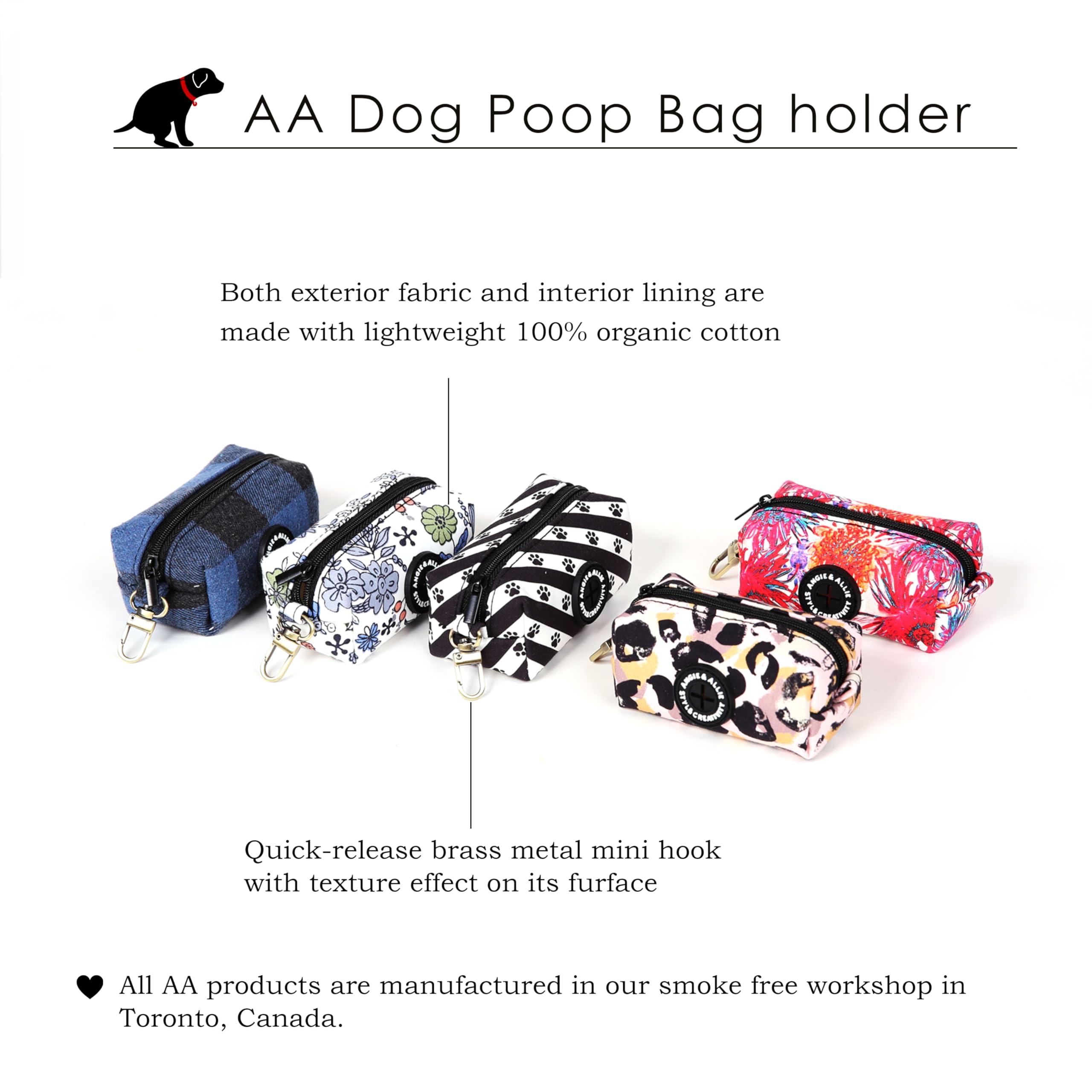 Organic Cotton Dog Poop Bag Holder for Leash Brass Hardware Waste Bag Dispenser Pet Waste Management Solution