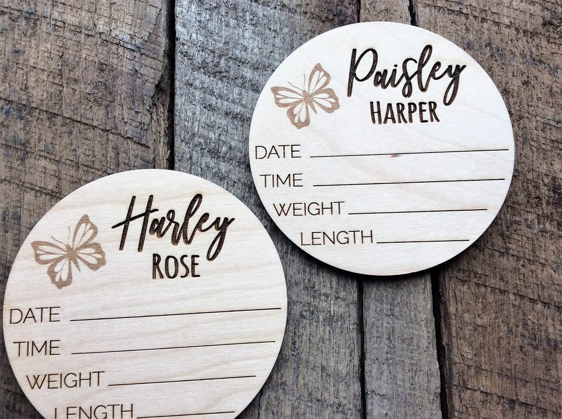 Personalized Wood Baby Name Announcement Sign, Newborn Birth Stats Photo Prop Sign, Butterfly Nursery Name Plaque (8 inches)