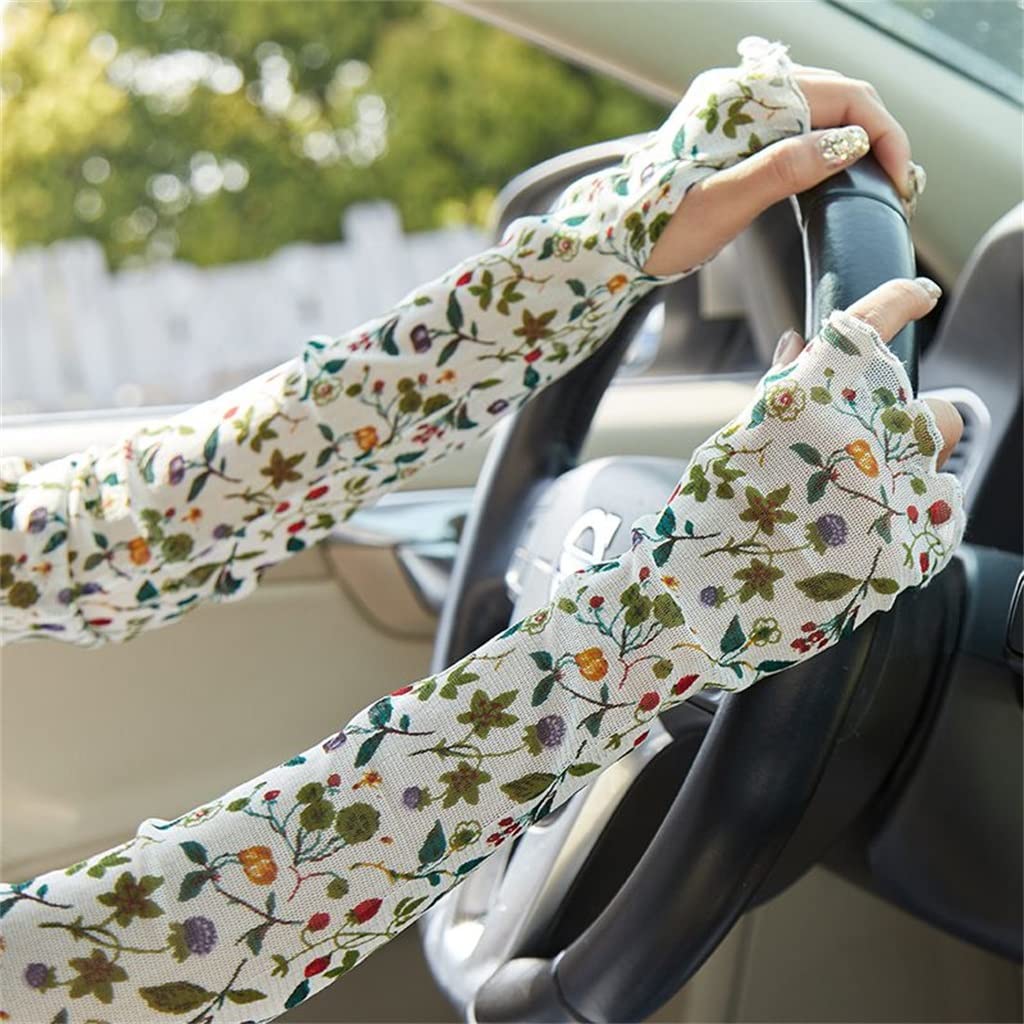 Mulberry Silk Floral Mesh Gloves Summer Thin Sleeves Arm Guard Sleeves Summer Female Driving (Color : A, Size : 55 * 18cm)