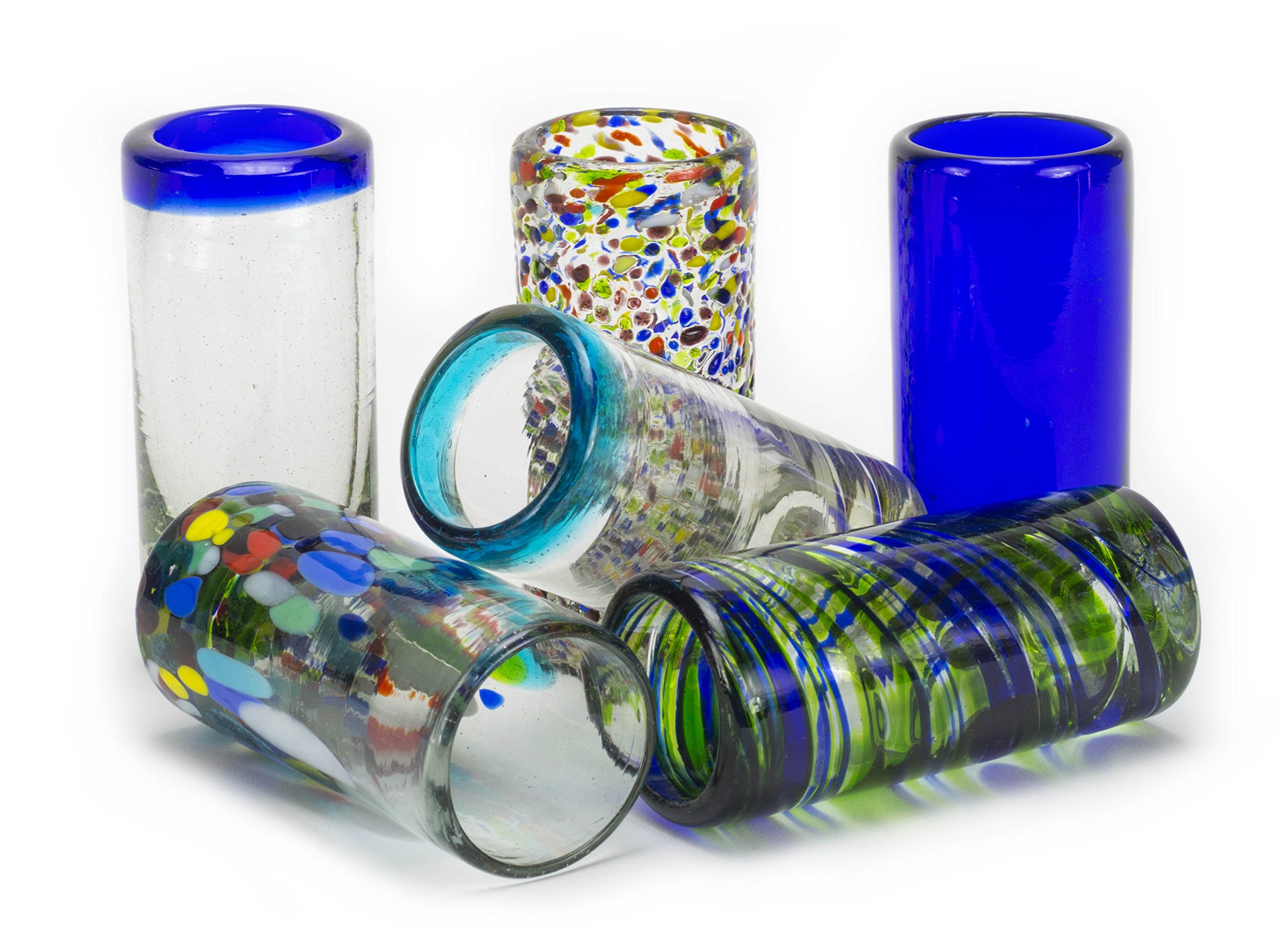 MEXART Artisan Crafted Hand Blown 6 Different Design Collection Recycled Glass Shots Glasses, 2 oz. 'Classic' (set of 6)