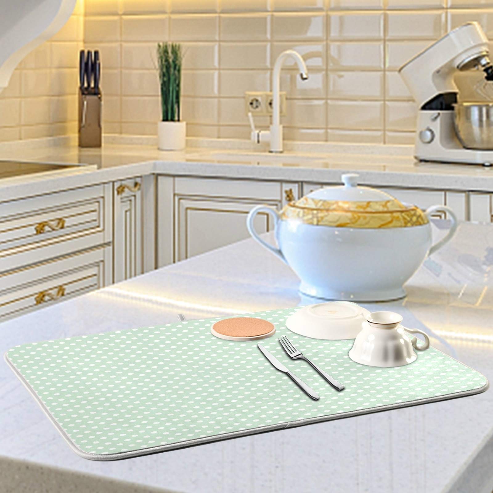 Mint Green Polka Dots Dish Drying Mat 16x18 for Kitchen Counter Cute Pastel Microfiber Dishes Pad Dish Drainer Rack Mats Absorbent Coffee Bar Mats Quick Drying Kitchen Accessories