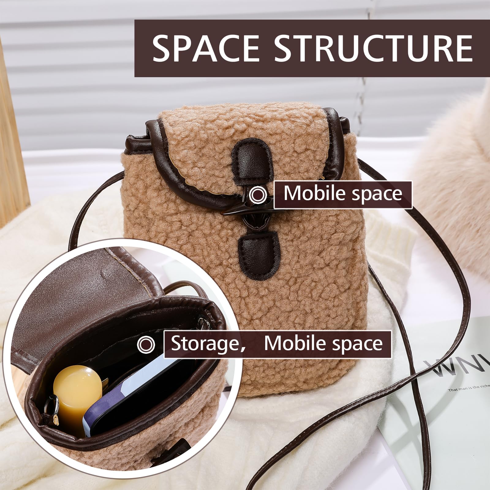 Mei Gu Dong Fashion Women's Diagonal Straddle Bag, Lamb Fleece Mobile Wallet (Brown)